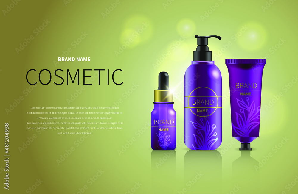 Realistic 3d set of purple color cosmetic bottles: bottle with ...