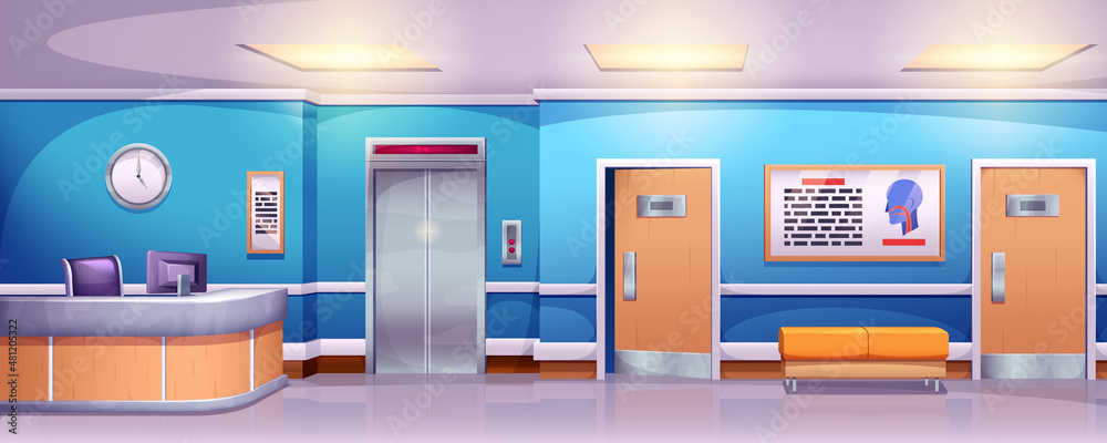 Cartoon empty medical clinic hall with reception desk and elevator ...