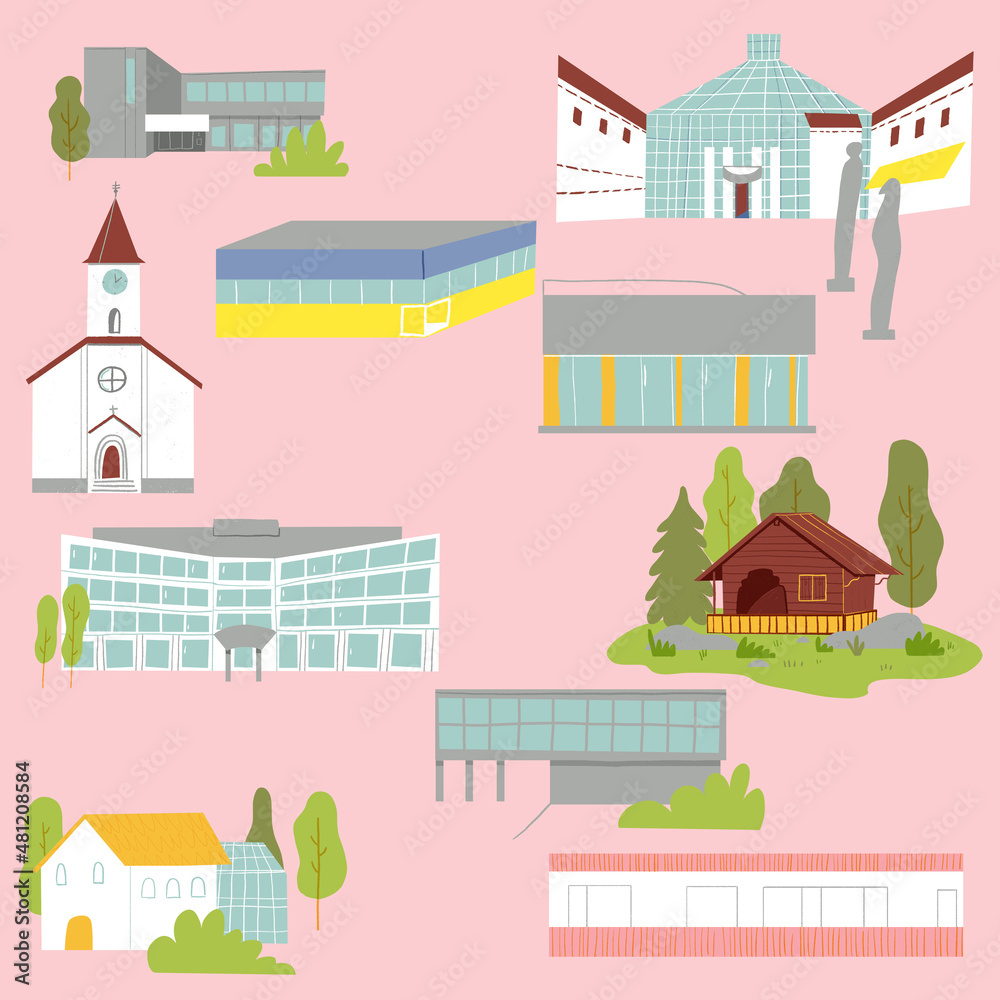 Building and architecture illustrations for a city map Stock ...