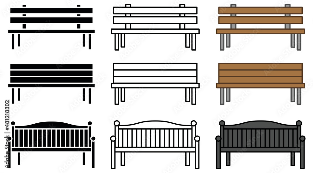Wood Park Bench Clipart Set - Outline, Silhouette and Color Stock ...