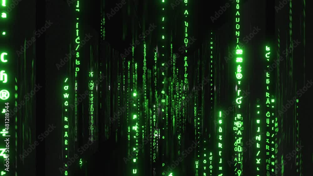 Random glowing green symbols and pictograms. Matrix code background ...