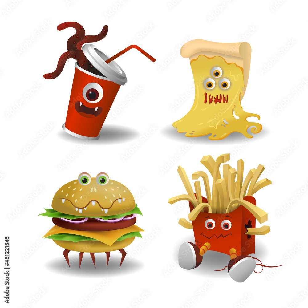 Set of vector images of fast food monsters: cola, pizza, french fries ...