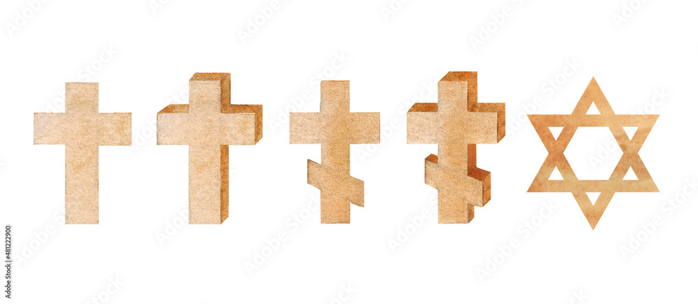 Symbols of world religions. Orthodox, Catholic Christianity, Judaism ...