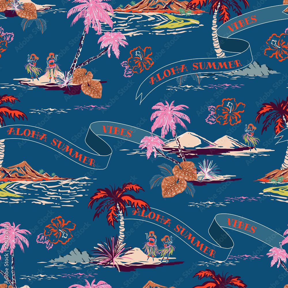 Trendy tropical island style seamless on dark ocean blue background ...