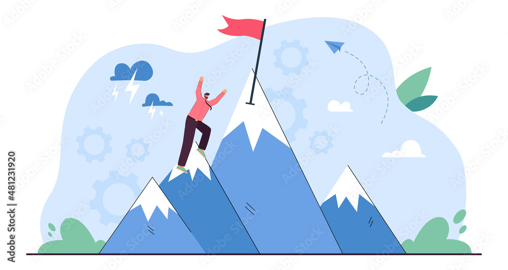 Perseverance in achieving business goal of businessman. Tiny brave man ...