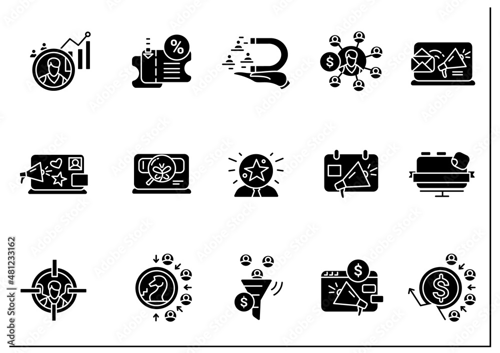 Customer attraction glyph icons set. Customer acquisition.Client ...