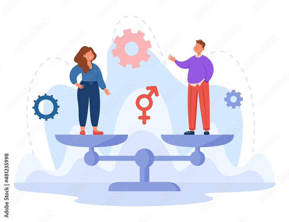 Balance between happy cartoon man and woman on scales. Smiling ...