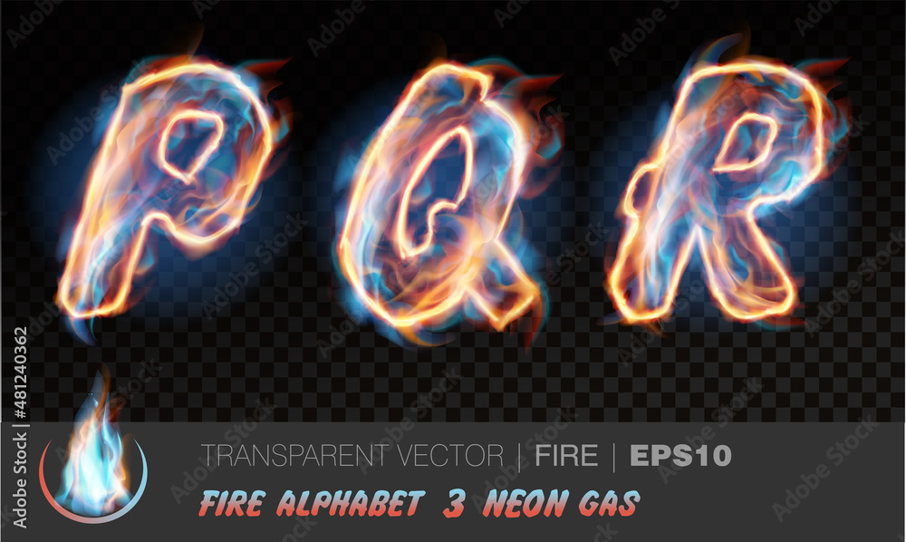 Alphabet of neon gas fire. Transparent realistic vector on dark ...