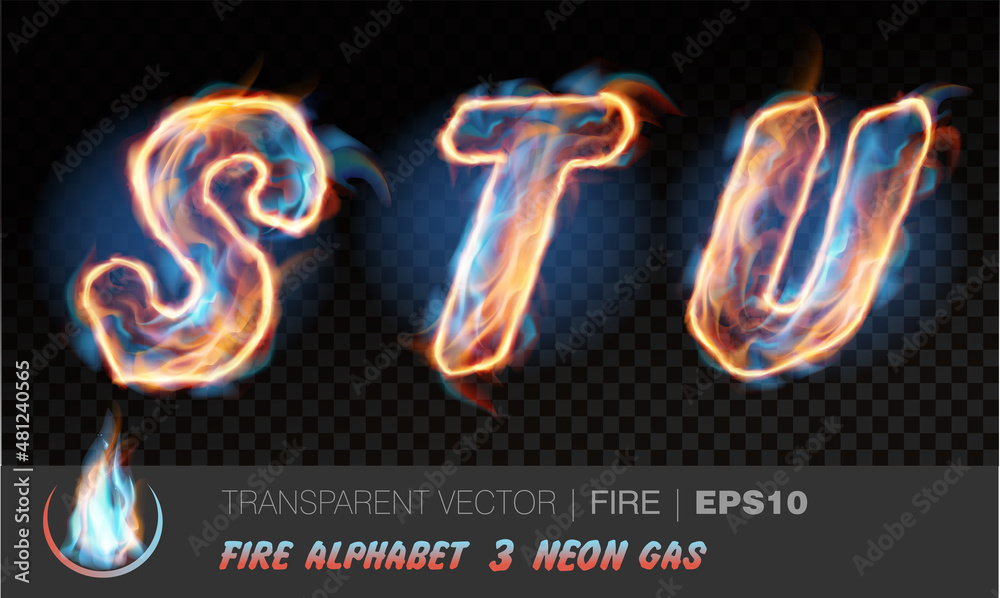 Alphabet of neon gas fire. Transparent realistic vector on dark ...