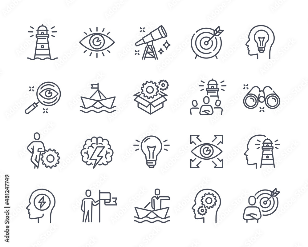 Vision and innovation business icon set. Stickers with magnifying glass ...