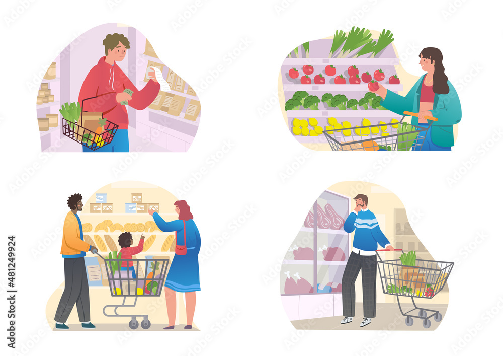 Set of people choosing food in grocery shop. Young men, women and ...
