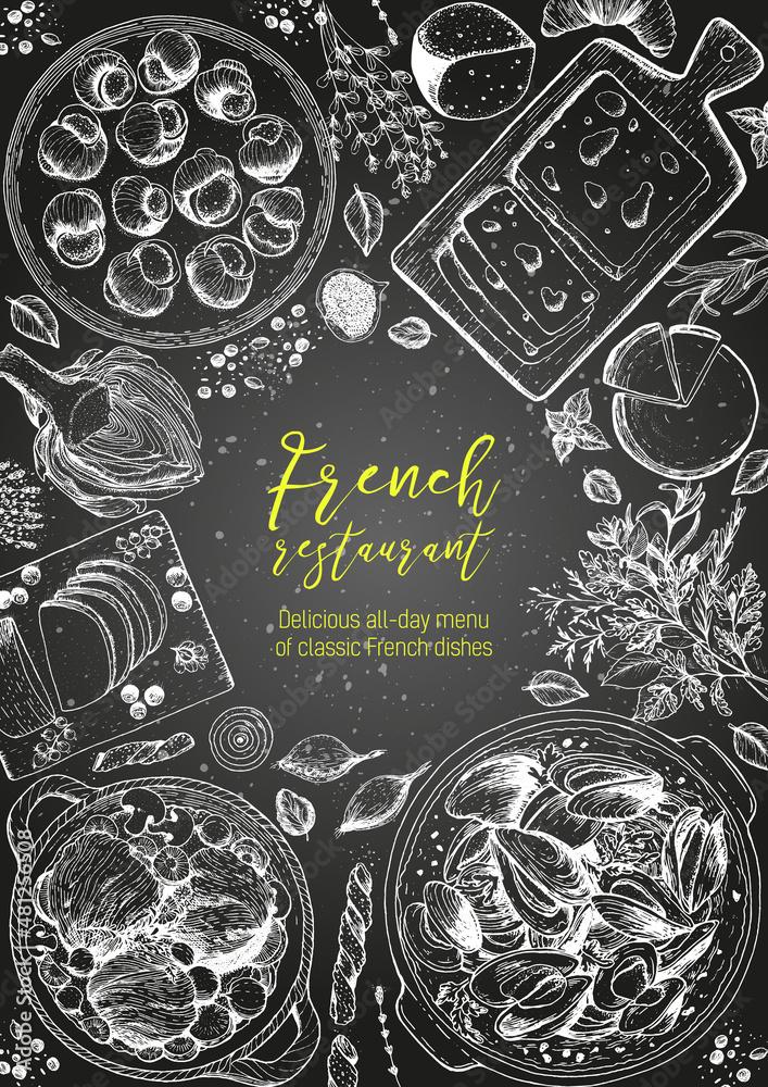 French cuisine top view frame. A set of classic French dishes with beef ...