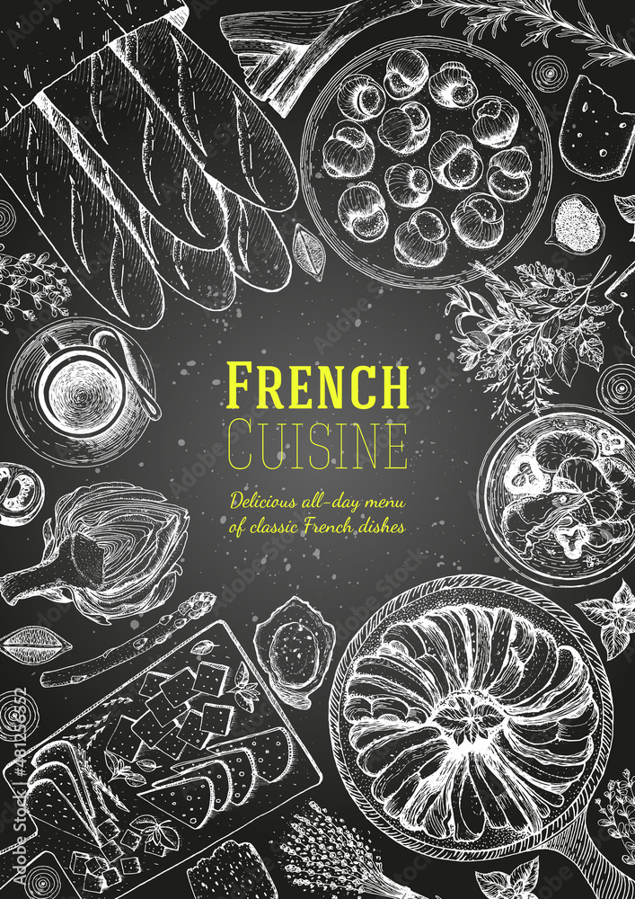 French cuisine top view frame. A set of classic French dishes with ...