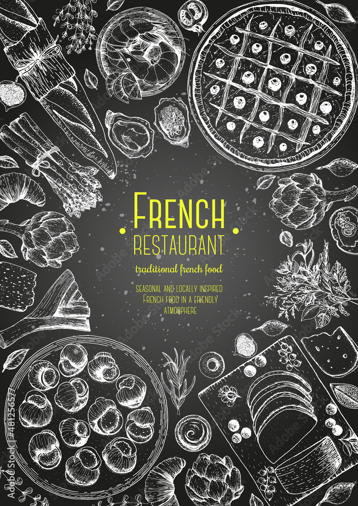 French cuisine top view frame. A set of classic French dishes with ...