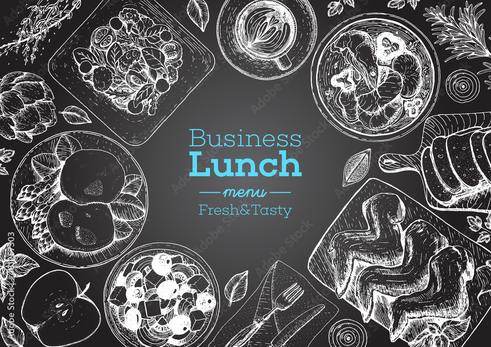 Business lunch top view frame. Food menu design. Vintage hand drawn ...