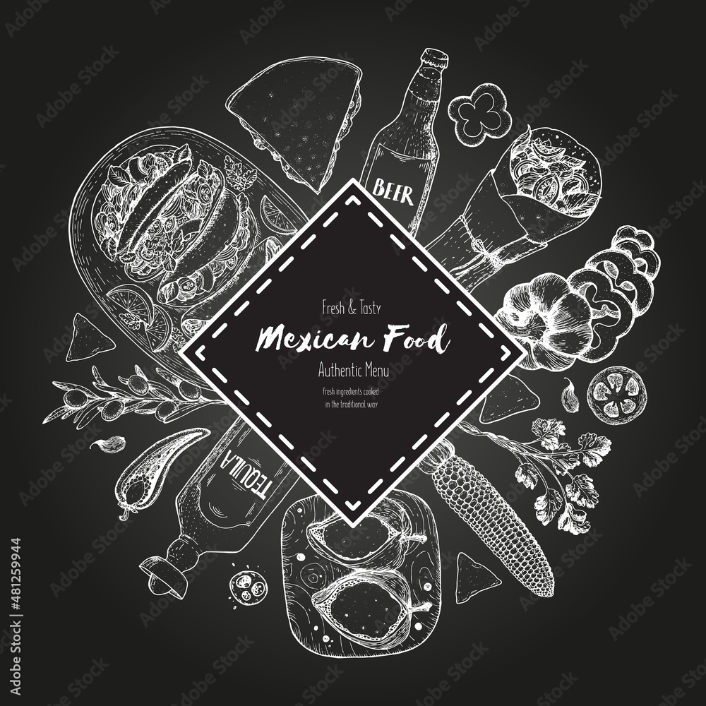 Mexican food vector label. A set of classic mexican dishes with . Food ...