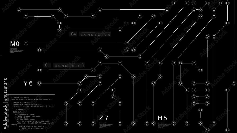 Connections.PNG Alpha.Technological motherboard electrical circuit HUD with programming text and ...