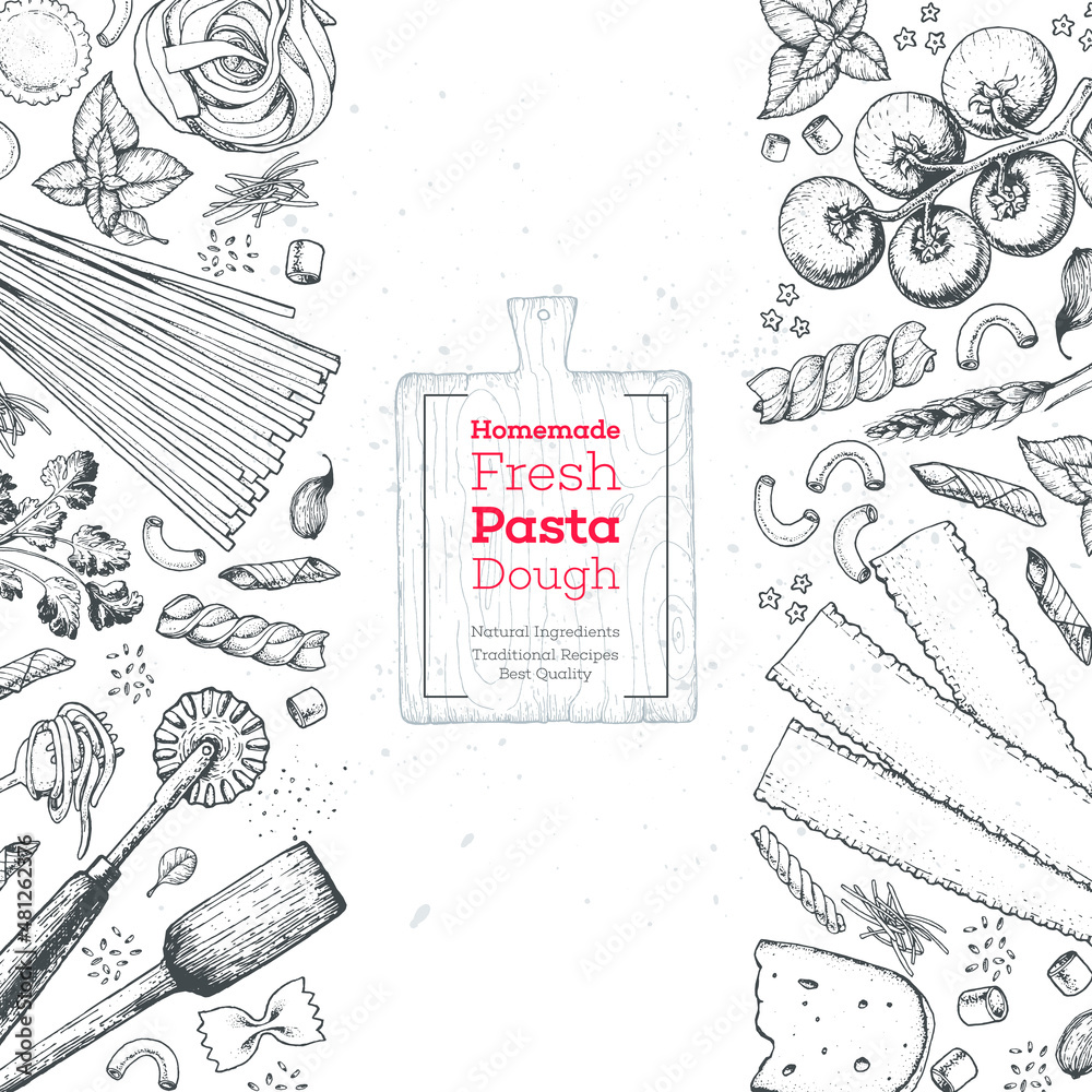 Italian pasta poster. Hand drawn vector illustration. Collection of ...