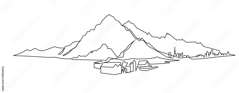 Mountain landscape continuous one line vector drawing. Mount hand drawn ...