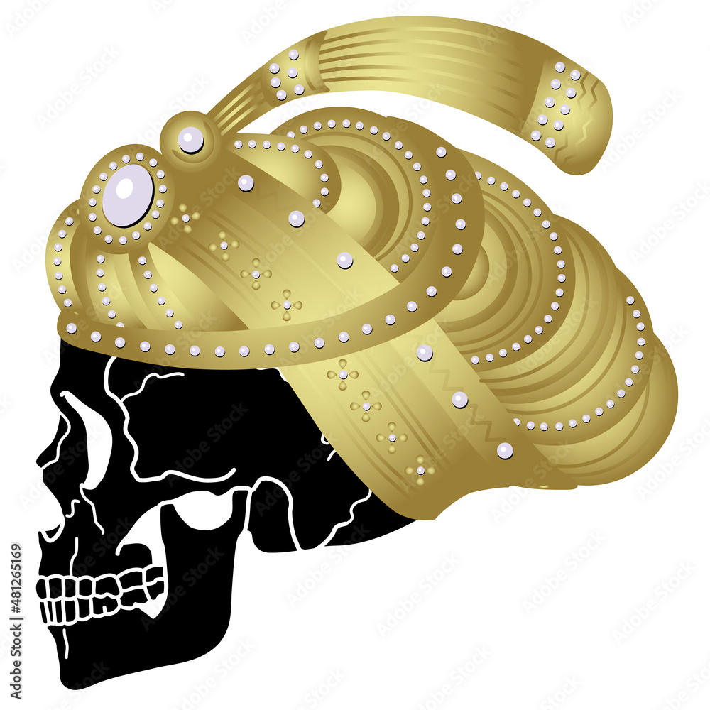 Silhouetted human skull wearing beautiful golden turban adorned with ...