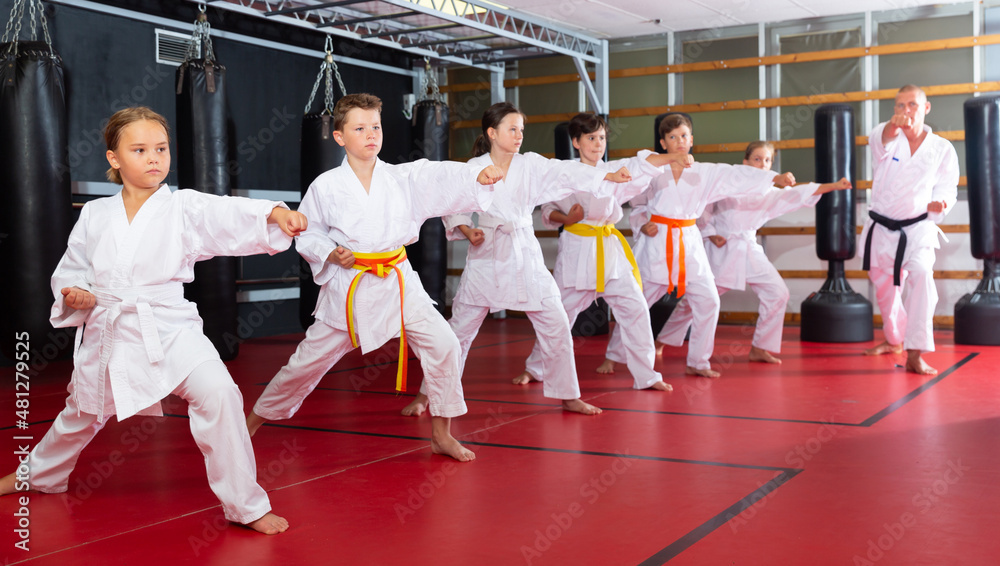 Group of preteen boys and girls doing karate kicks with male coach ...
