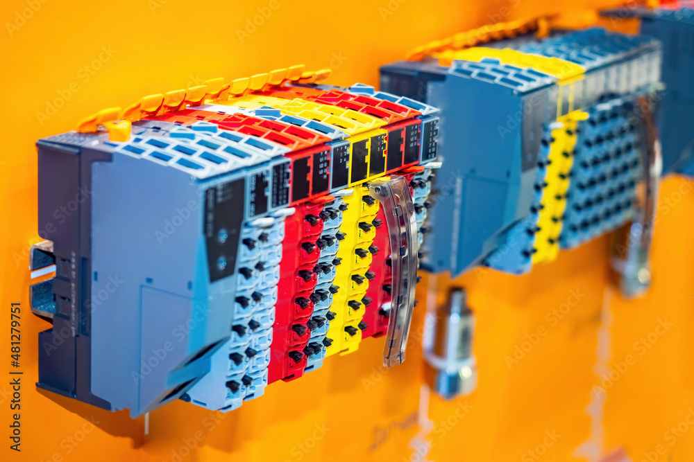 New control panel with electrical equipment. Automatic power switches ...