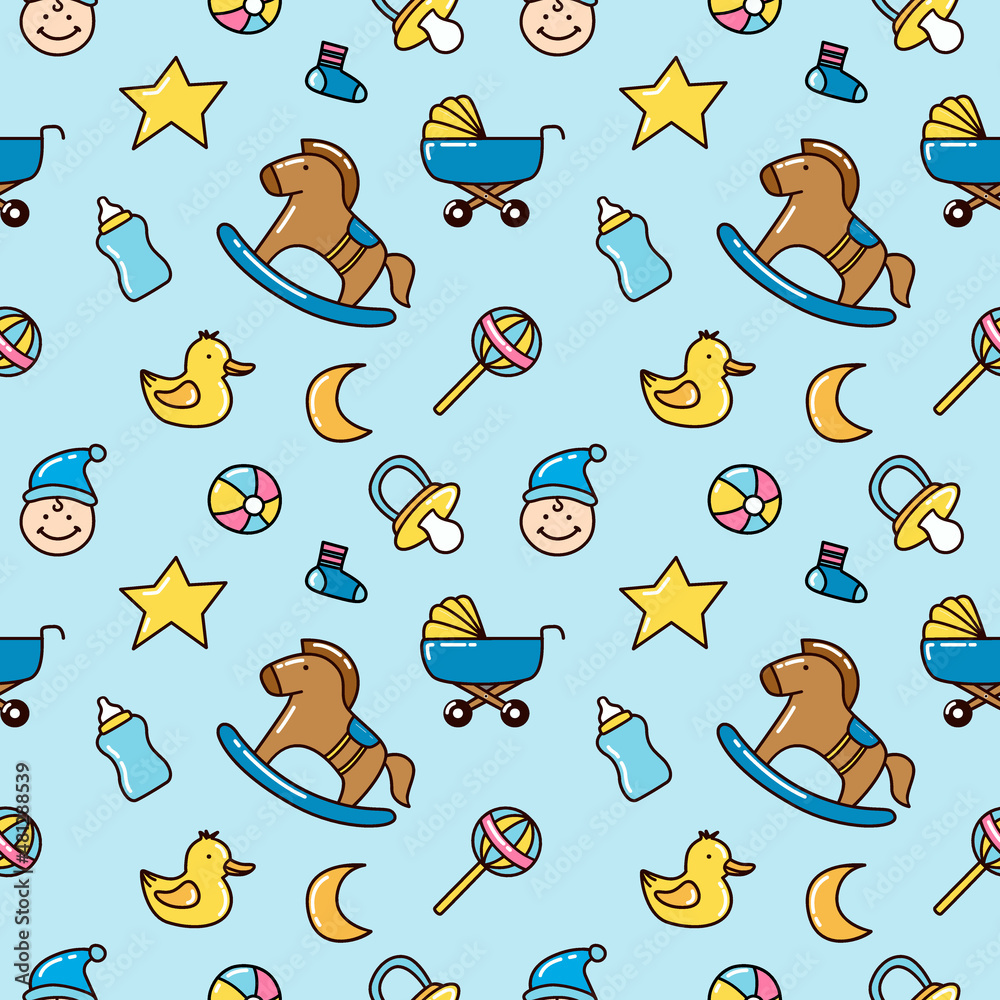 Cute Baby Elements Seamless Pattern Background with Pacifier, Sock, Toy ...
