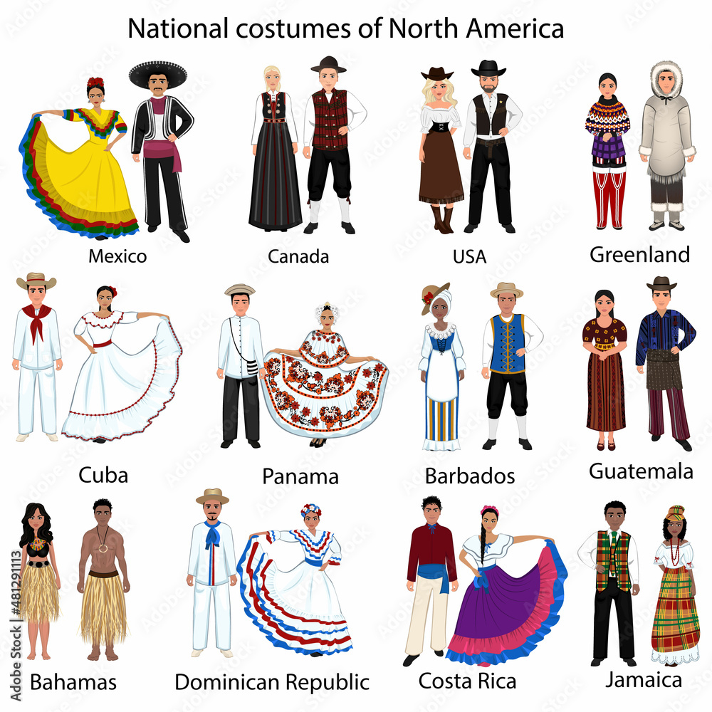 National costumes of the people of North America. A woman and a man in ...