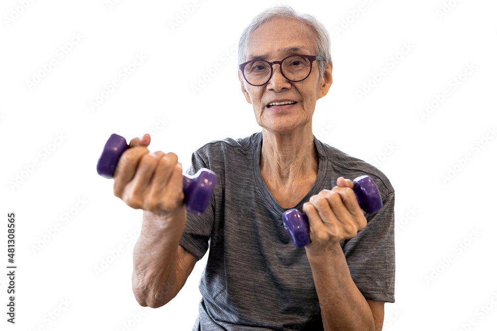 Strong asian senior woman working out with heavy dumbbells,lifting ...