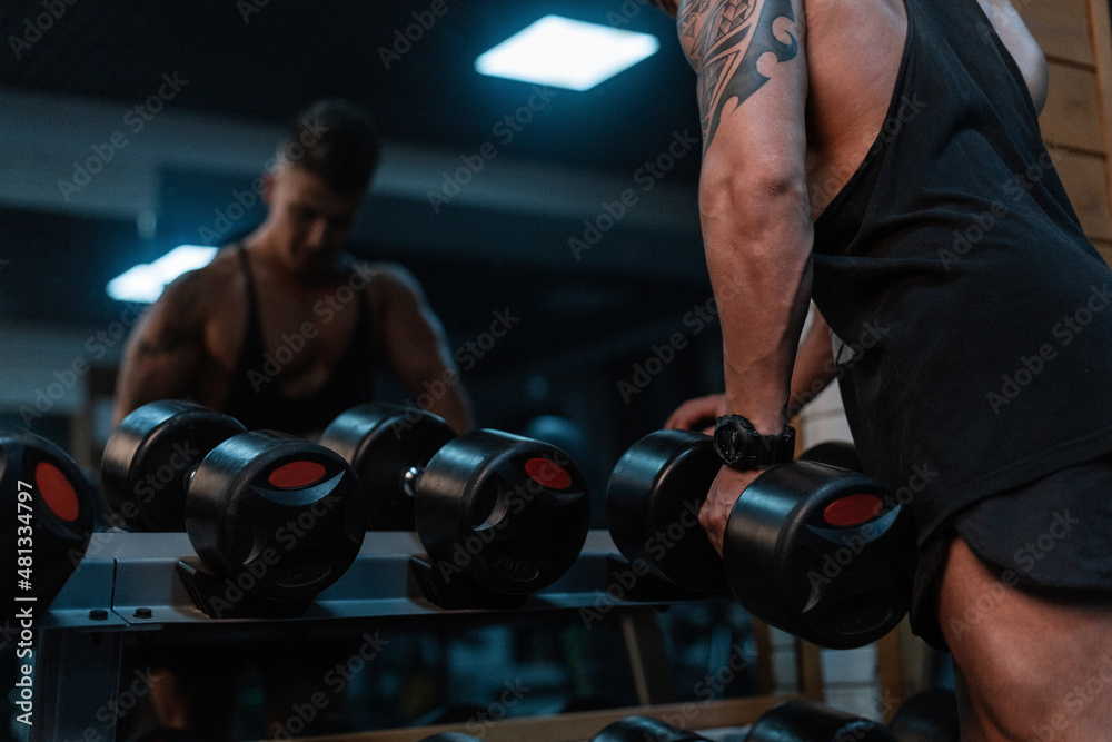 bodybuilder man with a muscular body trains in the gym. Male strong ...