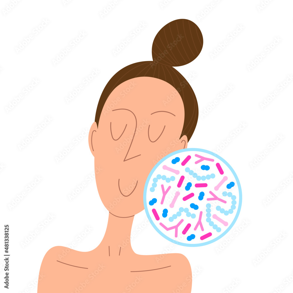 Skin microbiome concept. Woman face microbiota with healthy probiotic ...