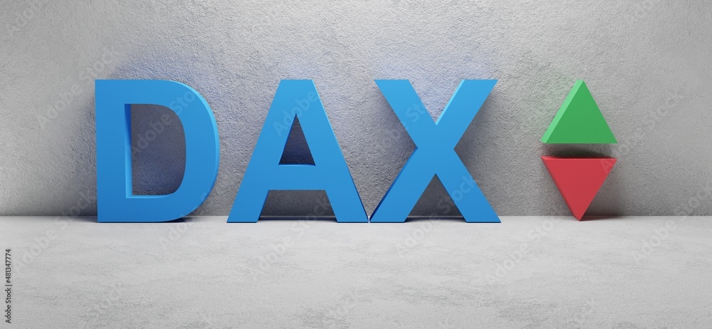 cgi render illustration of the yellow word DAX infront of a white ...