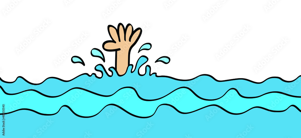 Cartoon people, man or woman and his hand drowning, needing help ...