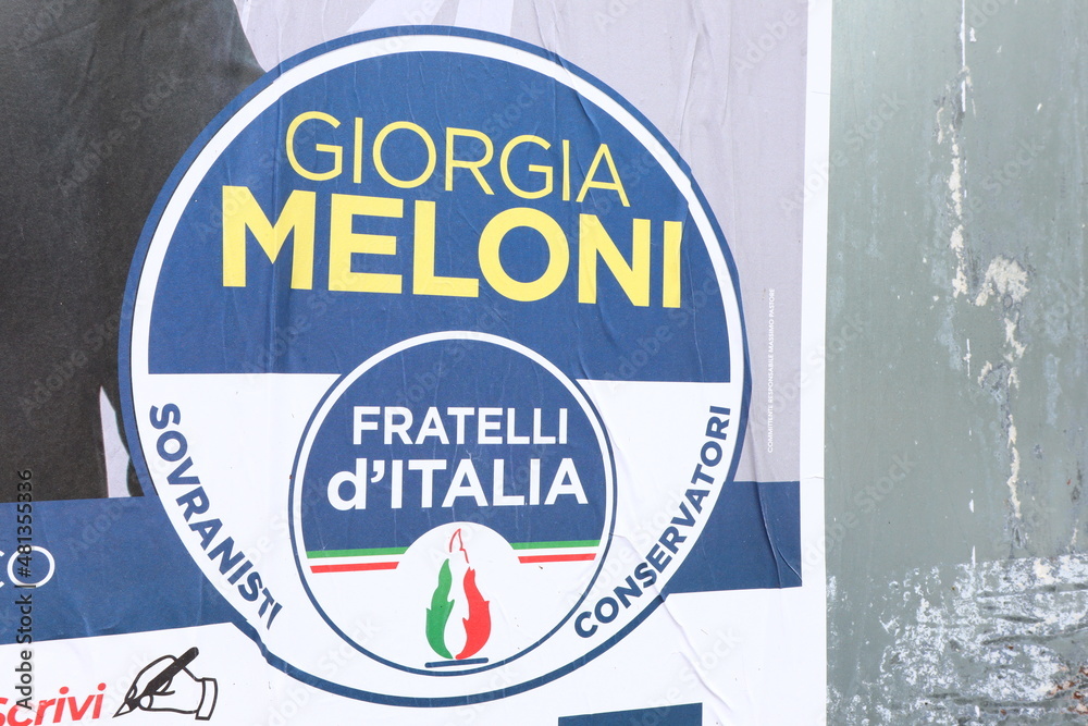Italy – detail of Italian Election wall poster with symbol of FRATELLI ...