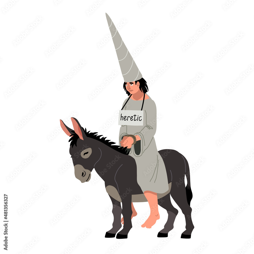 An unhappy heretic in a cone cap rides a donkey. Color vector ...