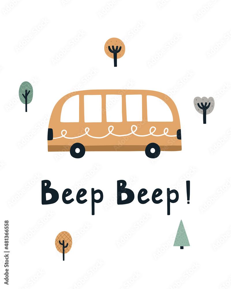 Cute children's poster. A hand-drawn cartoon bus and trees. Beep beep ...