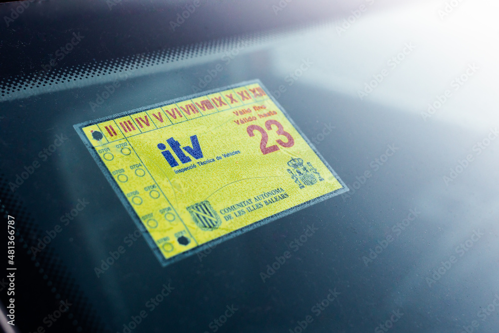 Palma, Mallorca, Spain; January 19th of 2022. ITV adhesive sticker to ...