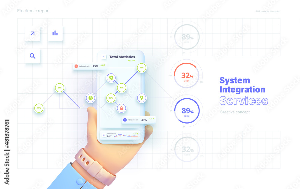 Integration system. The hand holds the phone. Mobile application for ...