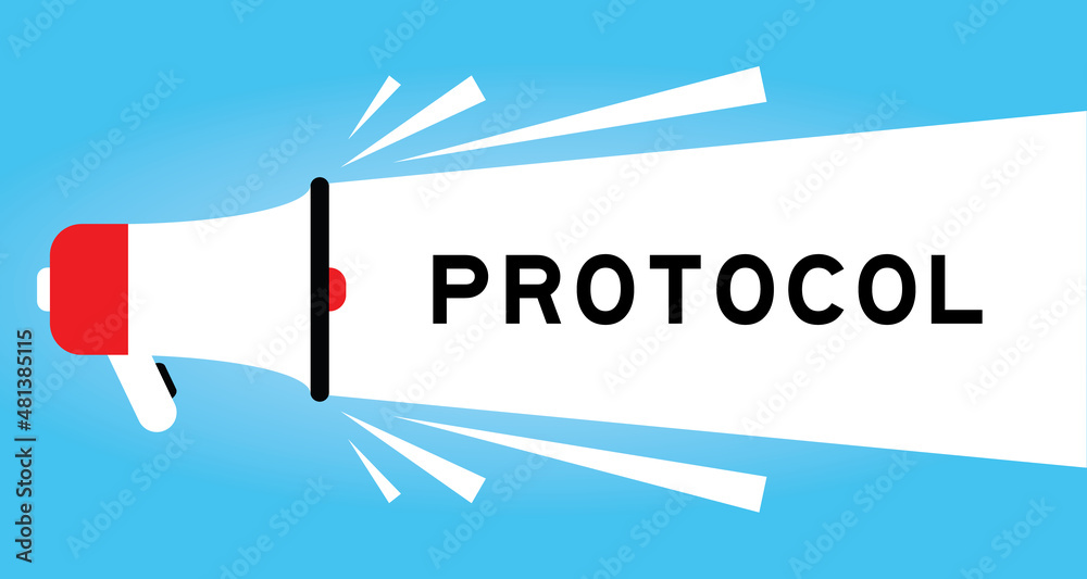 Color megphone icon with word protocol in white banner on blue ...
