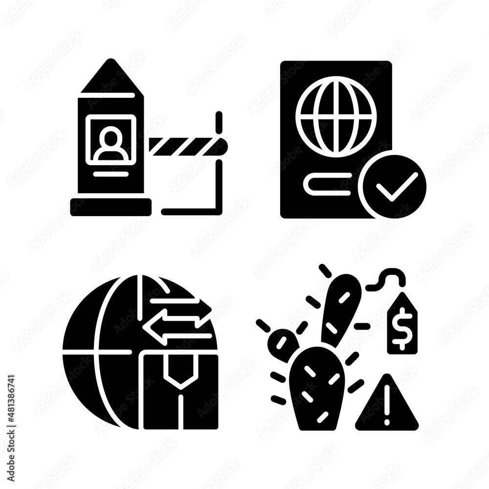 Borders control measures black glyph icons set on white space ...
