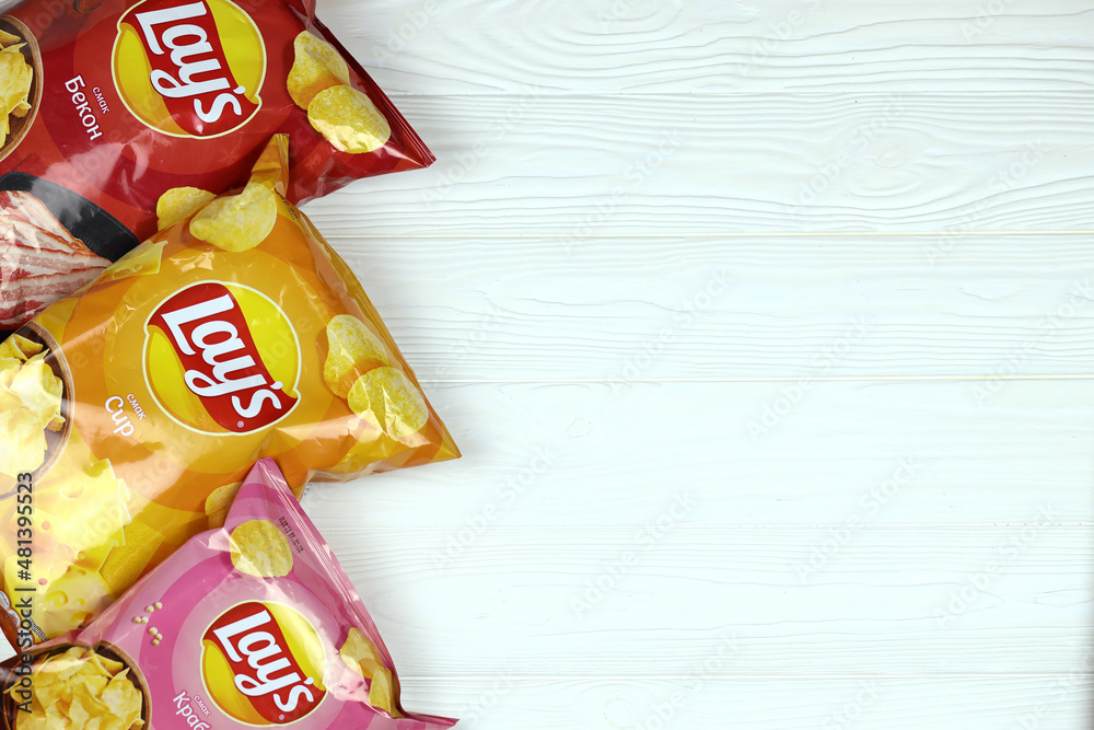 KHARKOV, UKRAINE - JANUARY 3, 2021: Various flavoured of lay's potato ...