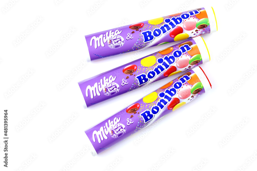 KHARKOV, UKRAINE - JULY 2, 2021: Bonibon Milka chocolate candies with ...