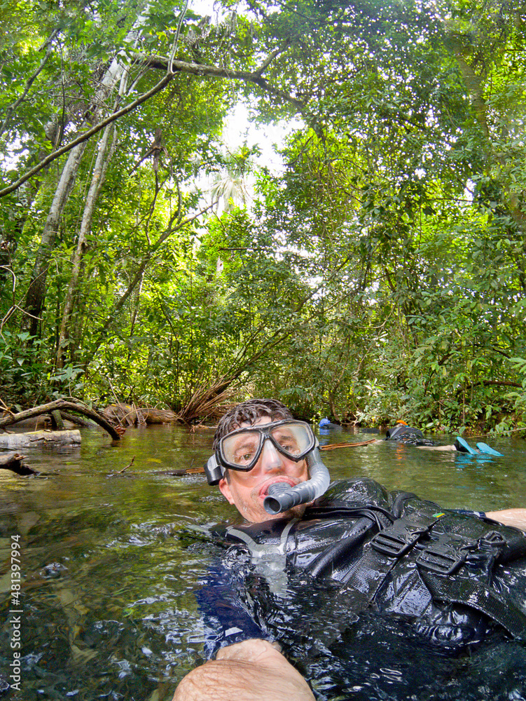 man snorkeling and floating in river inside woods, at Nobres, Mato ...