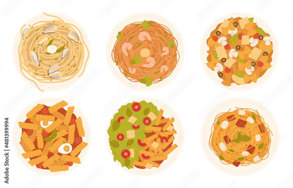 Pasta salad set, top view vector illustration. Cartoon food on plate ...