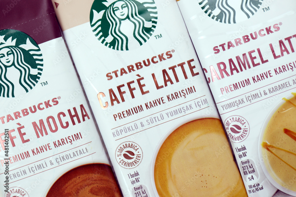 KHARKOV, UKRAINE - JULY 2, 2021: Starbucks coffee sticks with green ...