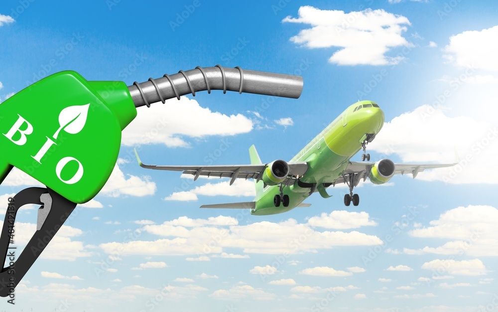 Plane and a gas station with the inscription BIO. Decarbonization ...