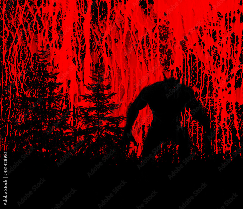 3d illustration of a Werewolf with glowing red eyes in silhouette ...