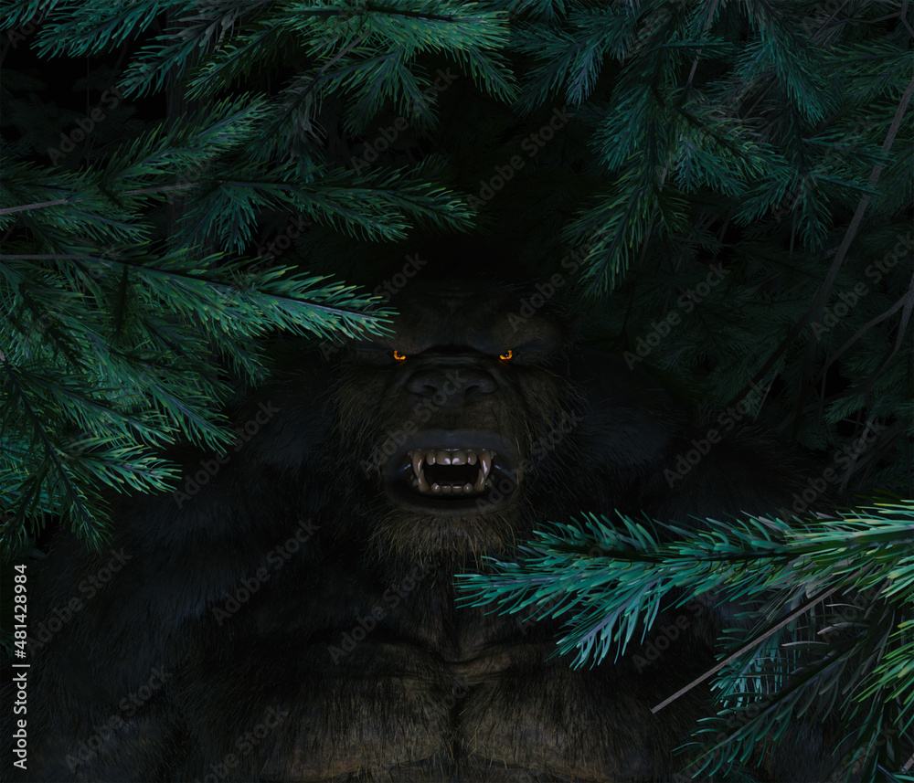 3d illustration of a Gugwe with glowing eyes watching from amongst ...