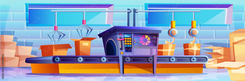 Cartoon conveyor belt with robotic arms for automated packaging product ...