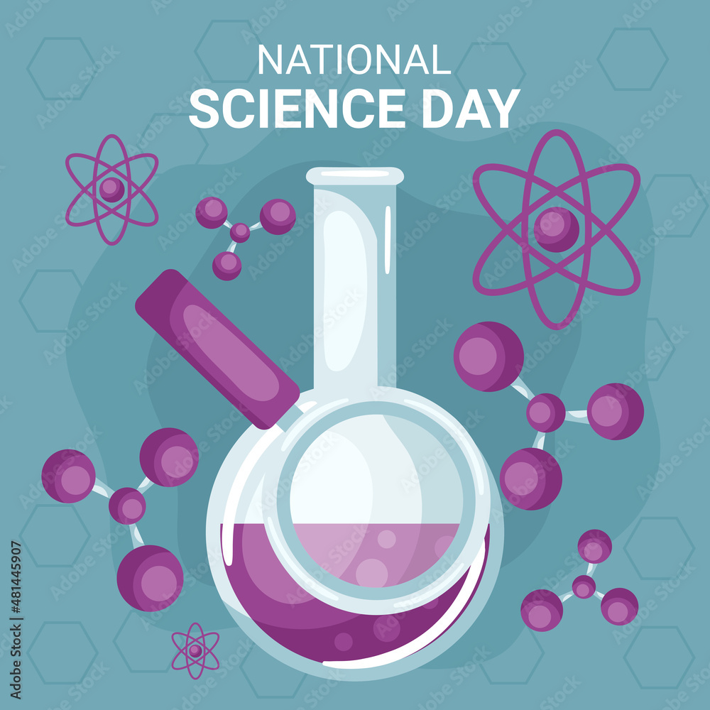 national science day with a volumetric flask with a magnifying glass ...